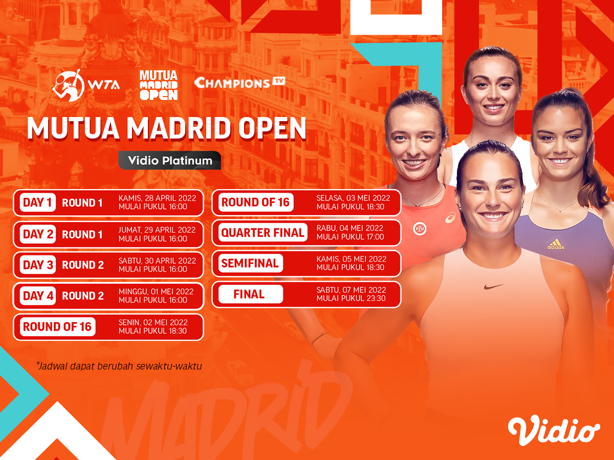 Jadwal dan Link Live Streaming WTA Tour 2022 Madrid Open - Vidio Blog