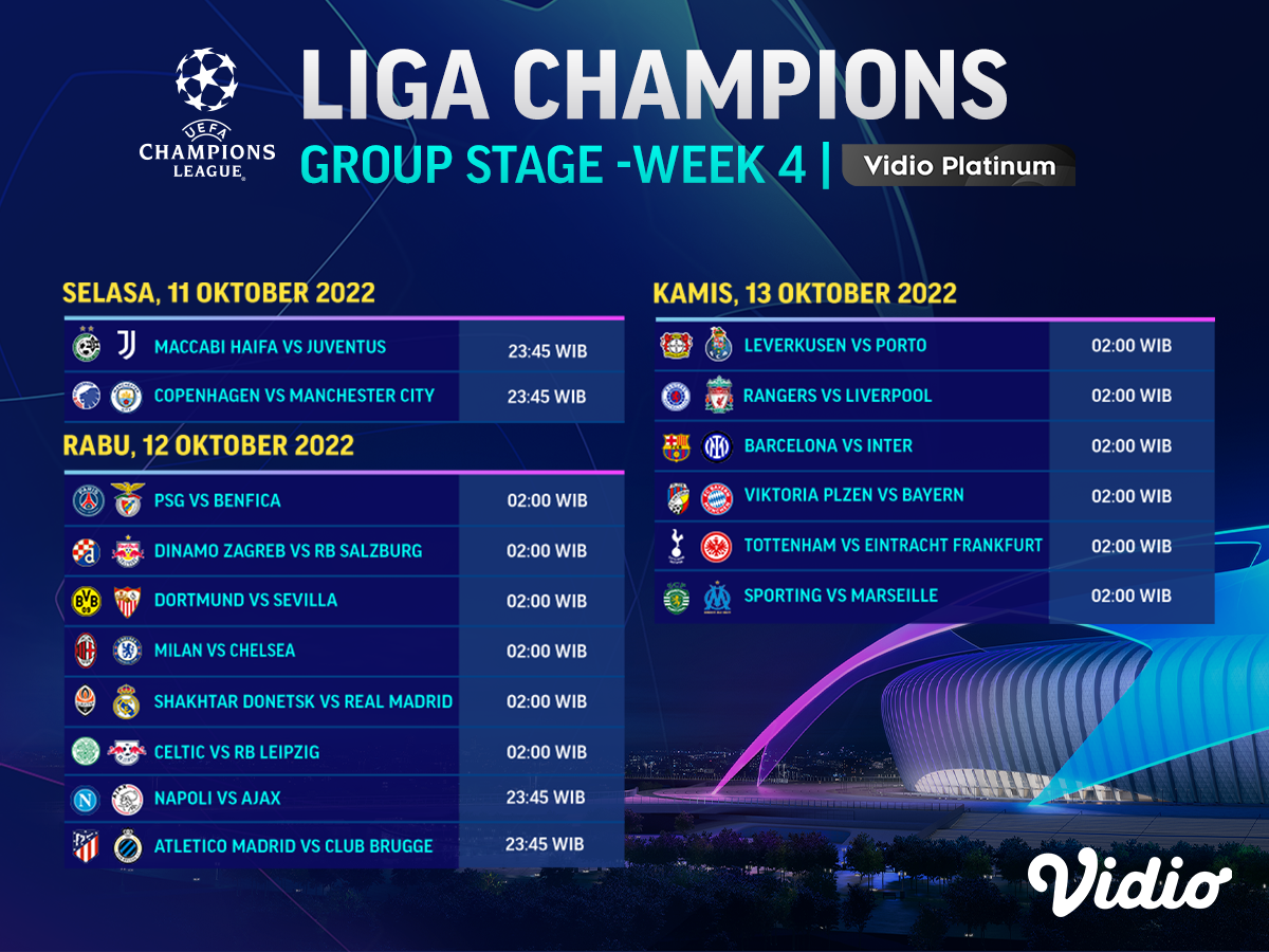 Jadwal Lengkap Liga Champions 2022/23 Matchday 4 - Vidio Blog