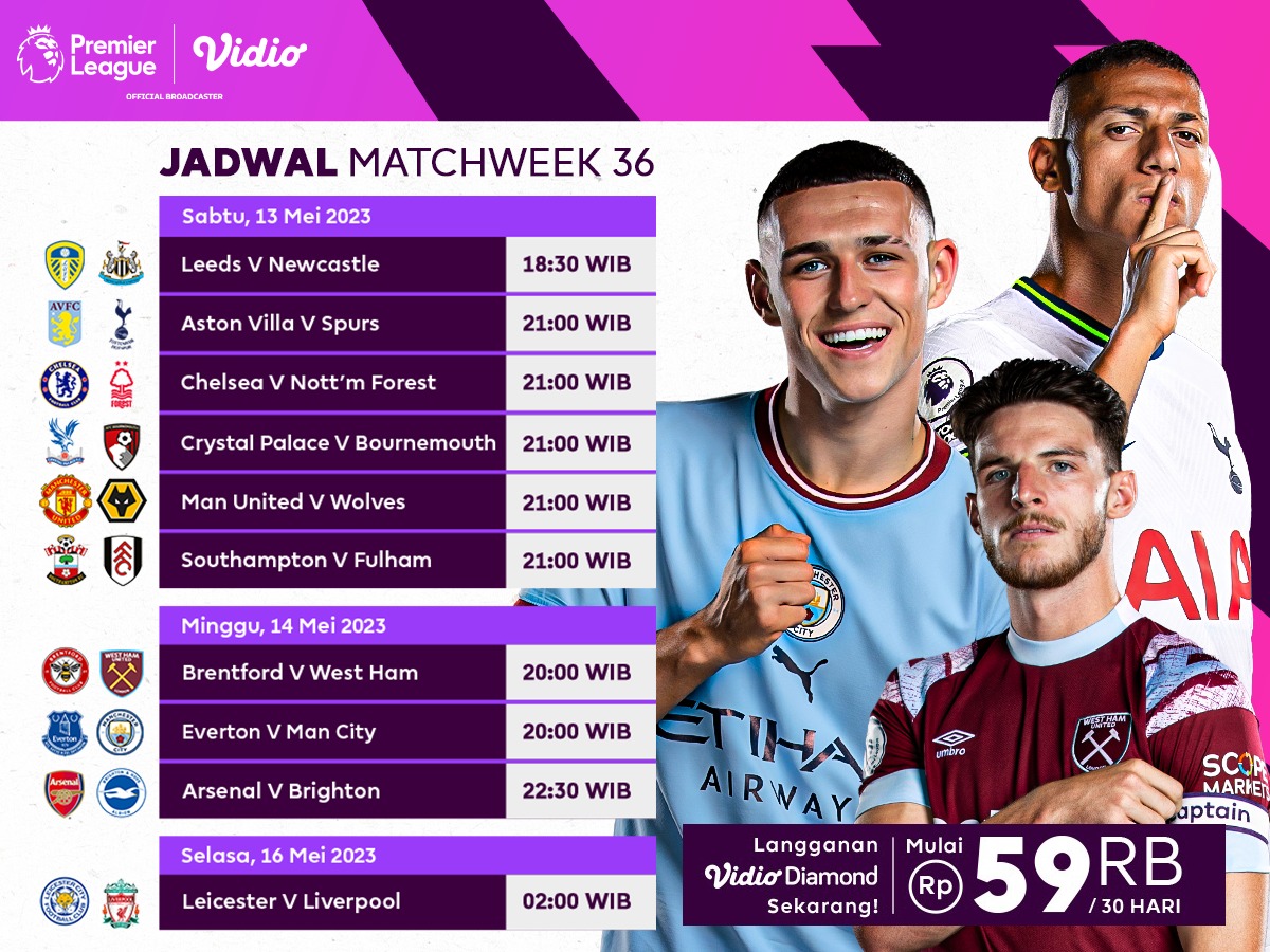 Jadwal Live Streaming Liga Inggris Matchday 36 - Vidio Blog