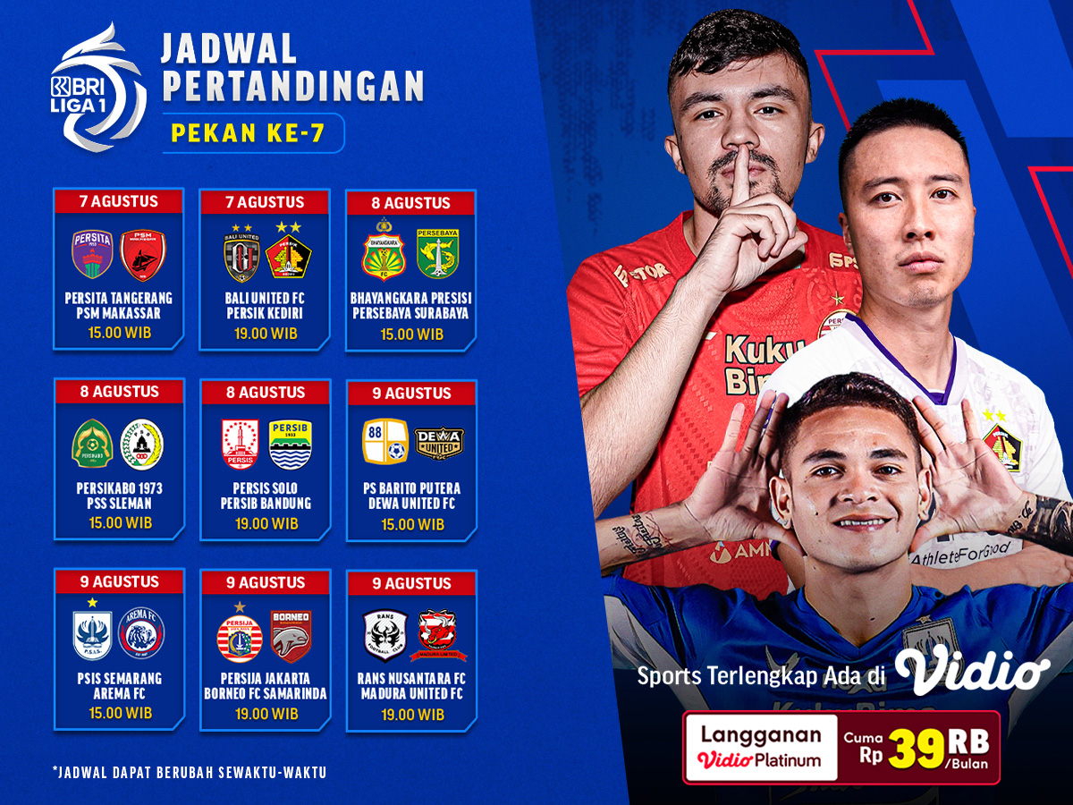 Jadwal Link Live Streaming BRI Liga 1 2023/2024 Pekan Ketujuh di Vidio