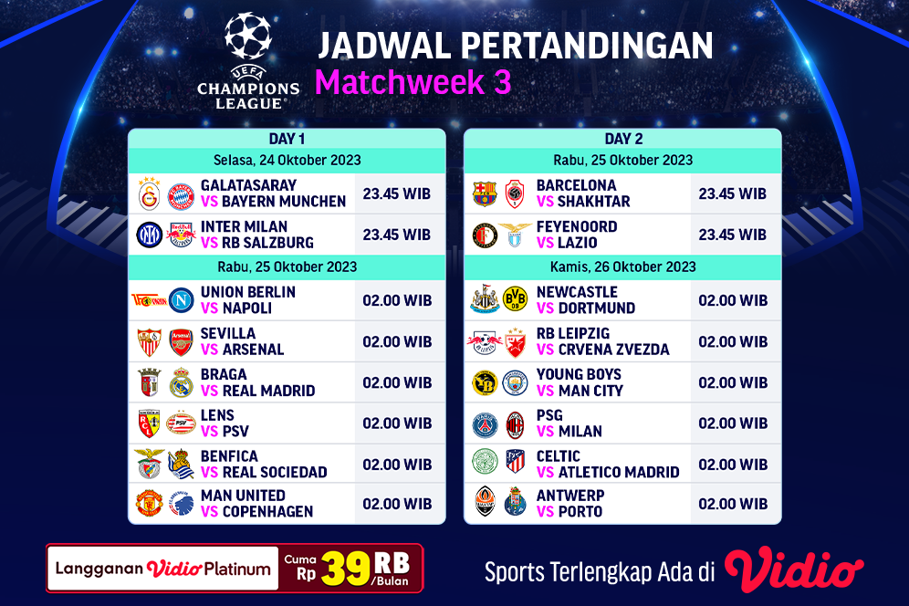 Jadwal dan Link Streaming UCL 2023/24 Pekan ini (MW3) - Vidio Blog