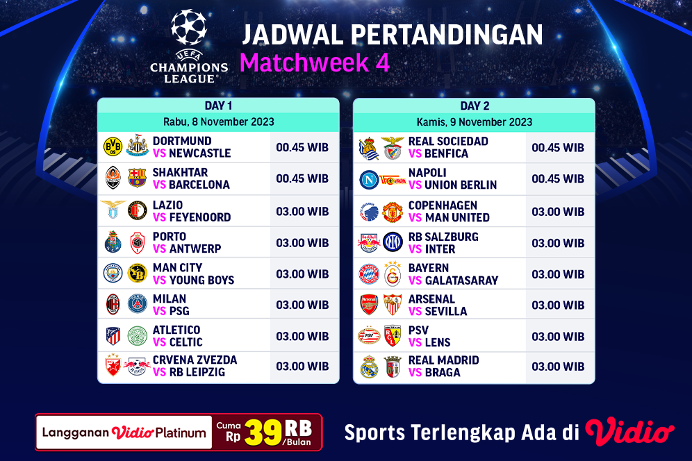 Jadwal dan Link Streaming Liga Champions Pekan-4 2023/24 - Vidio Blog