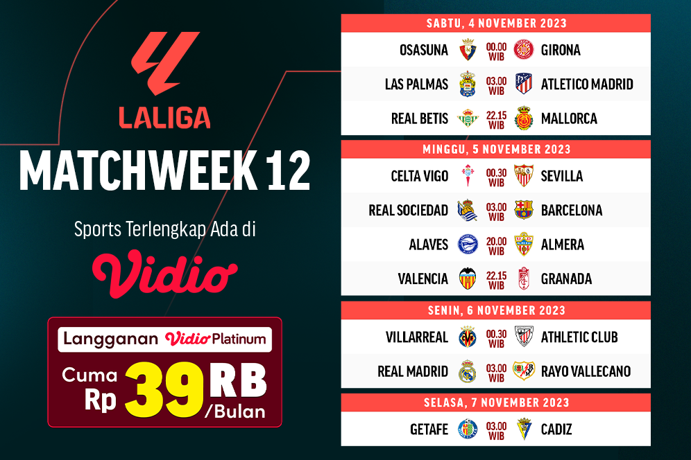 Jadwal dan Link Streaming LALIGA Pekan-12 Musim 23/24 - Vidio Blog
