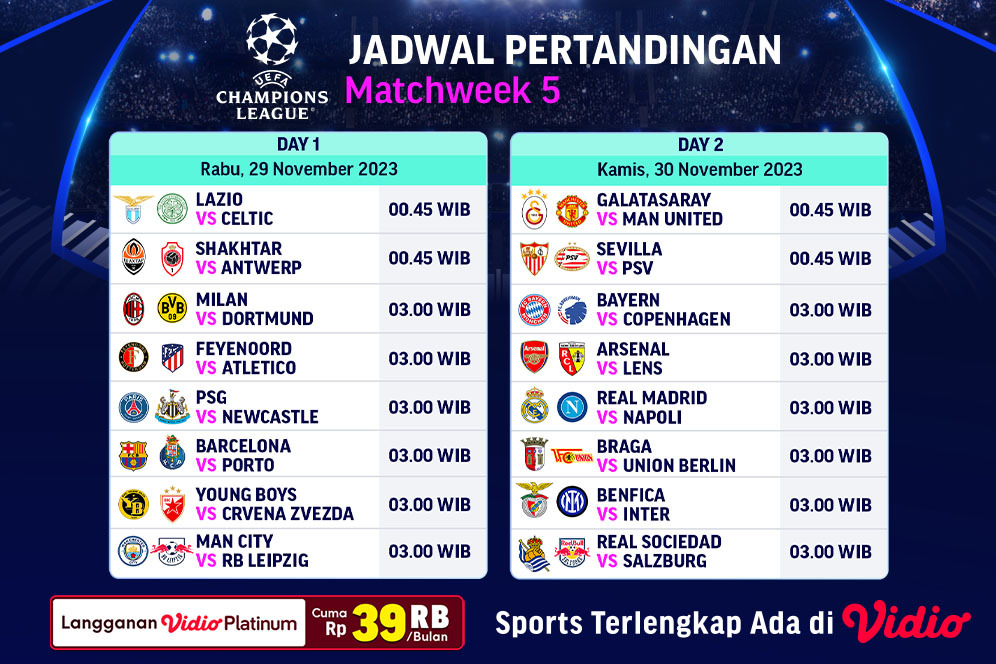 Jadwal dan Link Streaming UCL Matchweek 5 - Vidio Blog