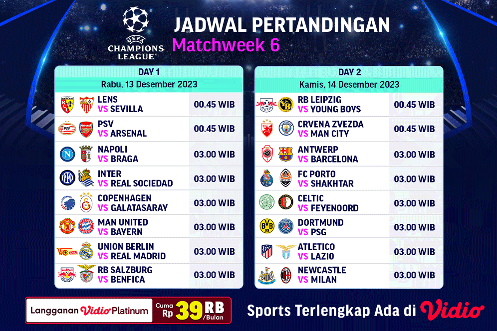 Jadwal Link Streaming UCL Musim 2023/2024 Pekan-6 - Vidio Blog