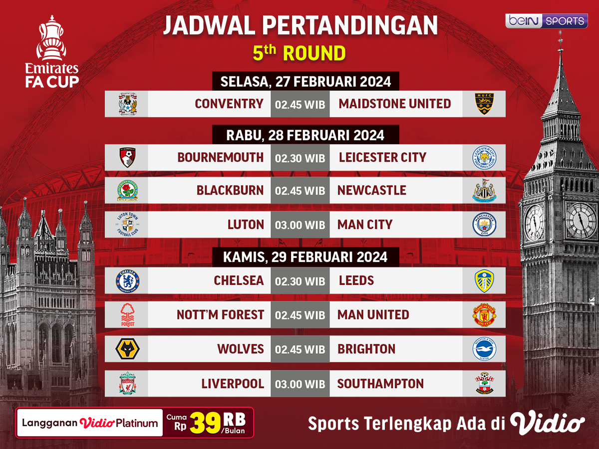Jadwal dan Link Live Streaming FA Cup 5th Round - Vidio Blog