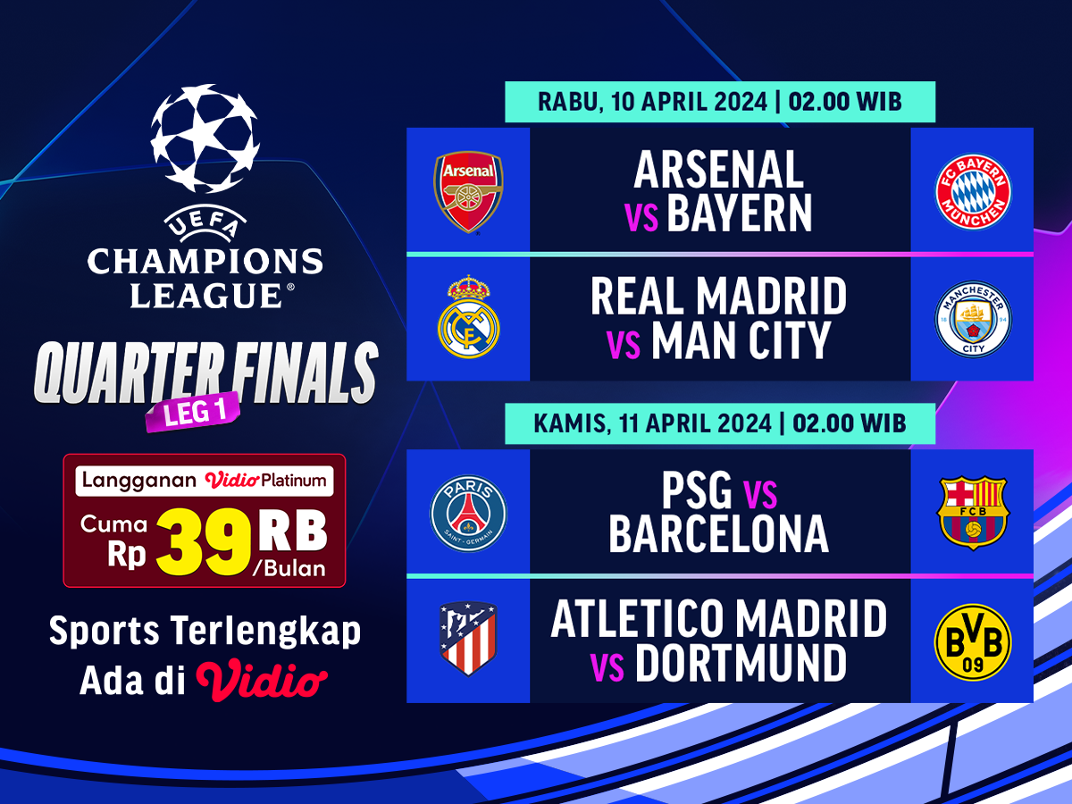 Jadwal Link Streaming UCL 2023/24 Perempat Final Leg 1 - Vidio Blog