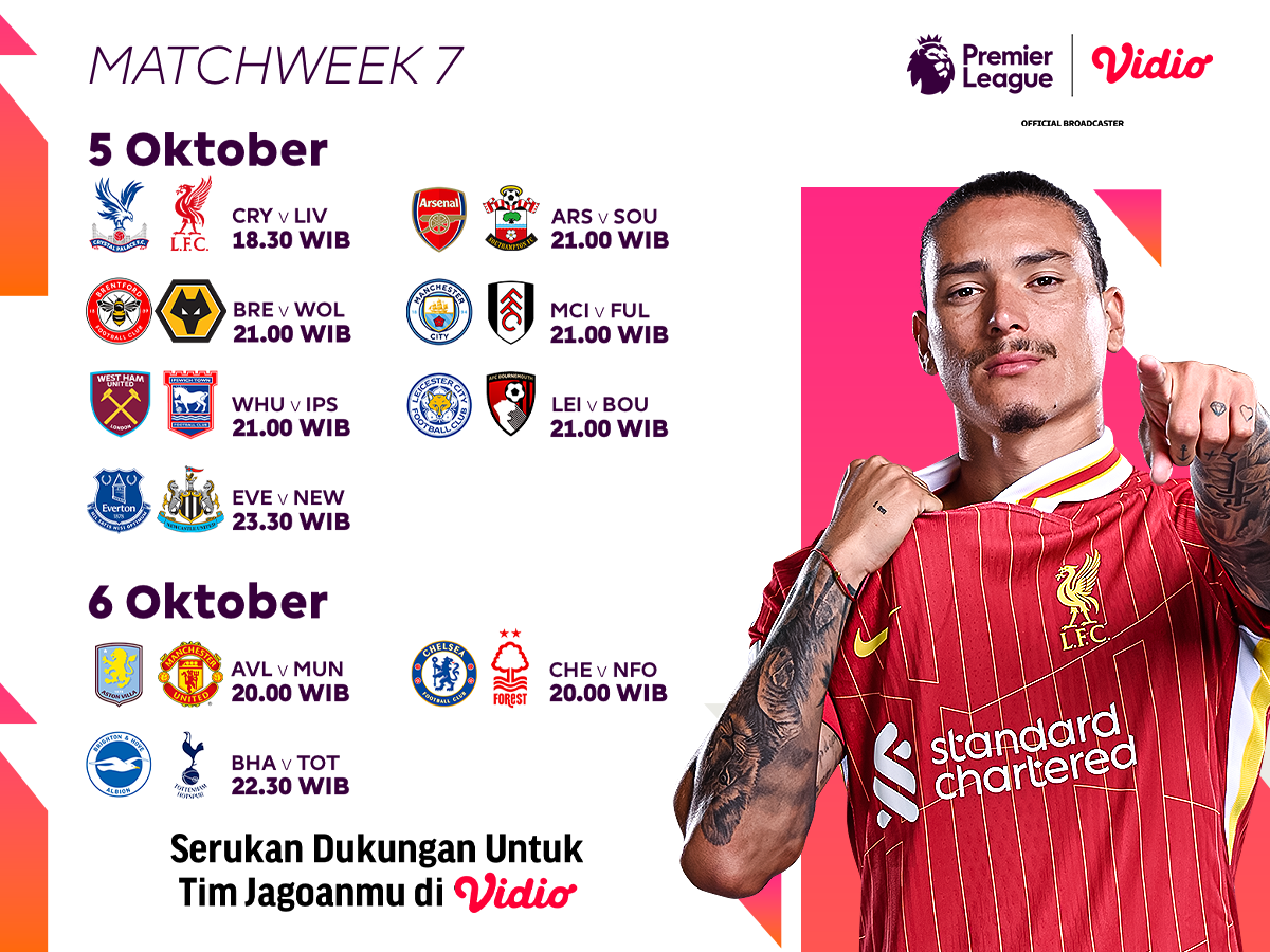 Jadwal Premier League Pekan Ke-7 dan Link Live Streaming