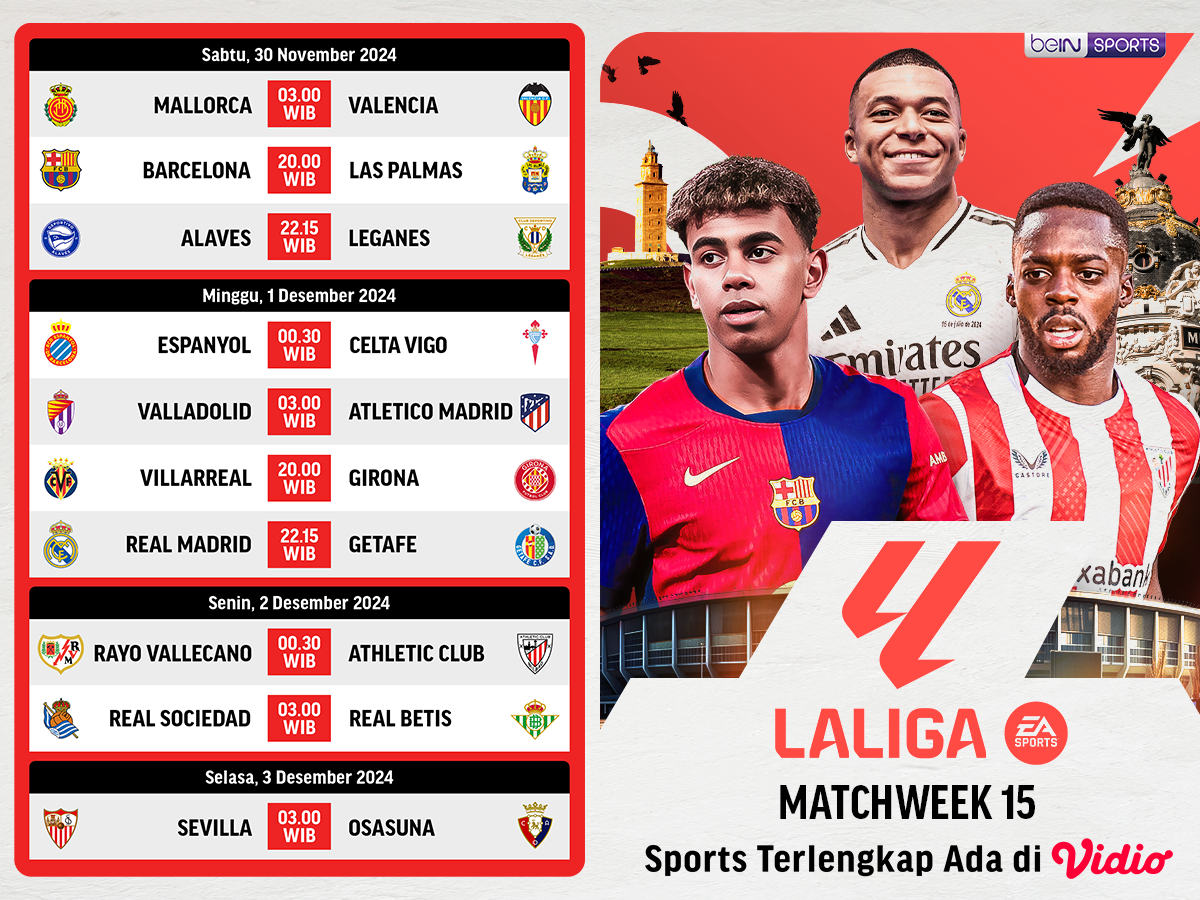 Jadwal dan Siaran Langsung Liga Spanyol Matchweek 15 - Vidio Blog