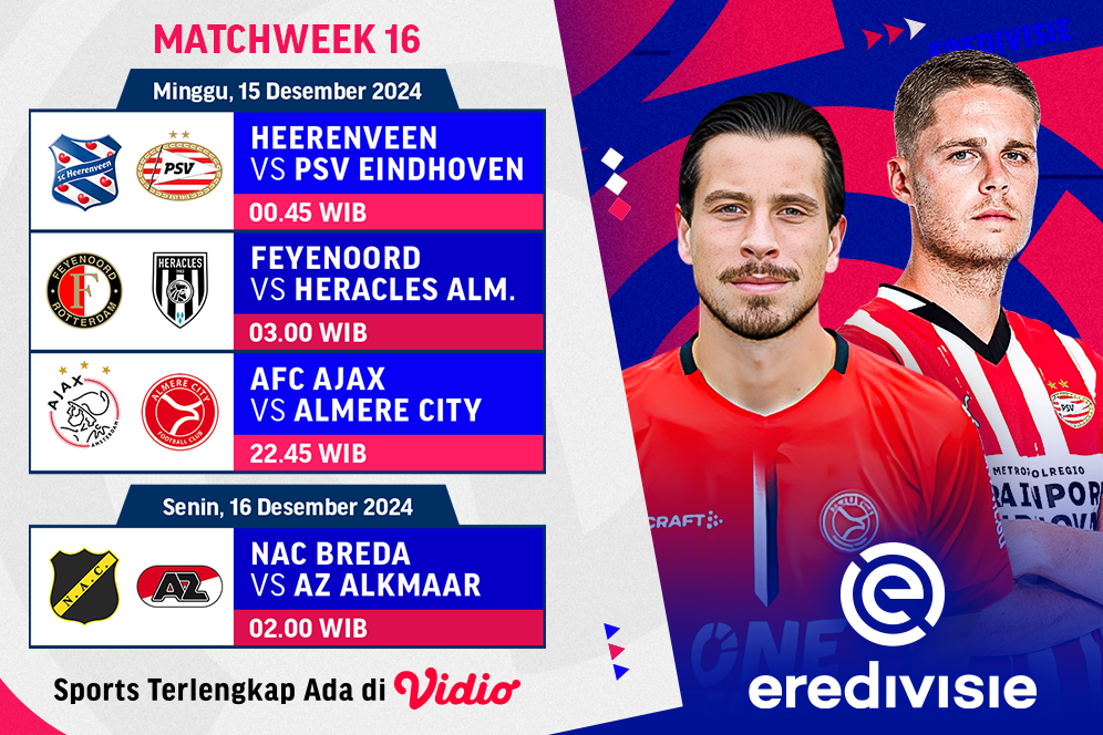 Jadwal dan Live Streaming Eredivisie Matchweek 16, Laga-Laga Seru Pekan Ini - Vidio Blog