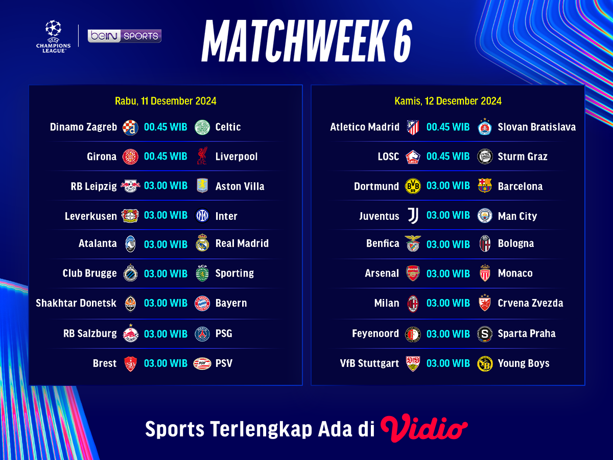 Jadwal dan Siaran Langsung Liga Champions Matchweek 6, Duel Panas Pekan Ini - Vidio Blog