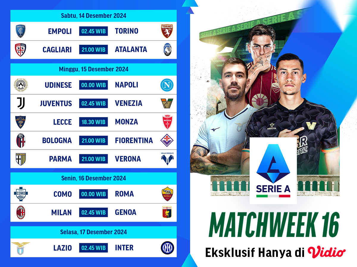 Jadwal dan Siaran Langsung Liga Italia Matchweek 16, Laga-Laga Menarik Pekan Ini - Vidio Blog