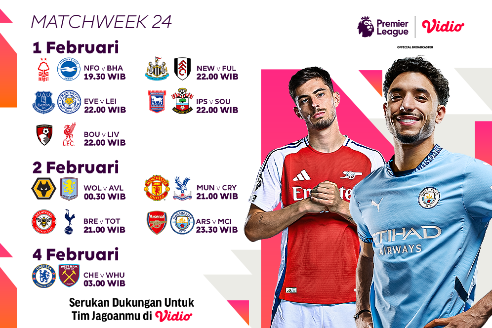Jadwal Siaran Langsung Liga Inggris Matchweek 24, Duel Bergengsi Tim Papan Atas - Vidio Blog