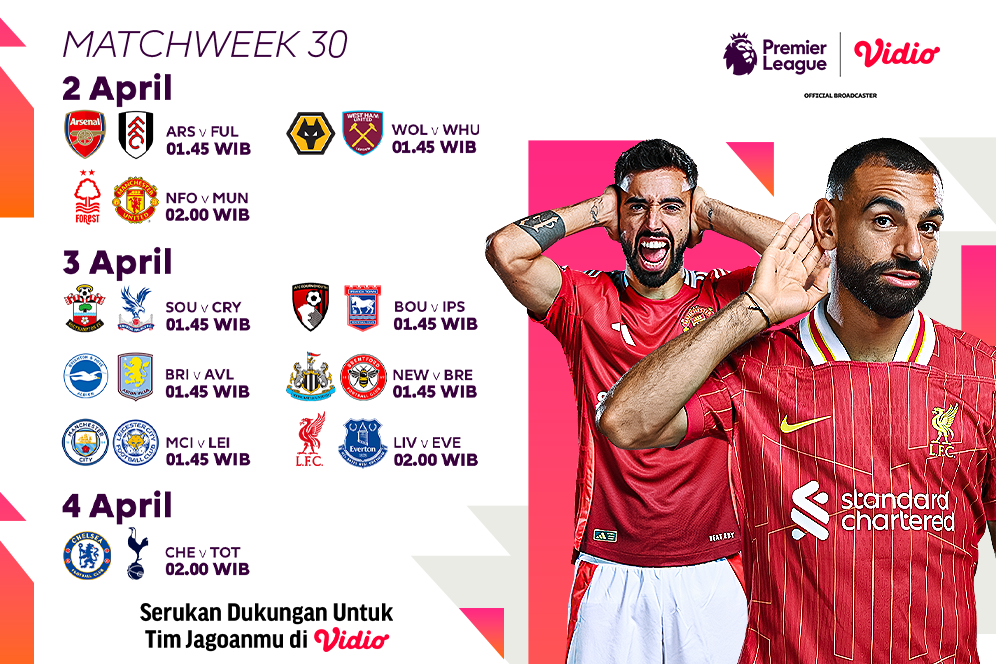 Jadwal Liga Inggris 2024/25 Matchweek 30, 2 - 4 April 2025Vidio