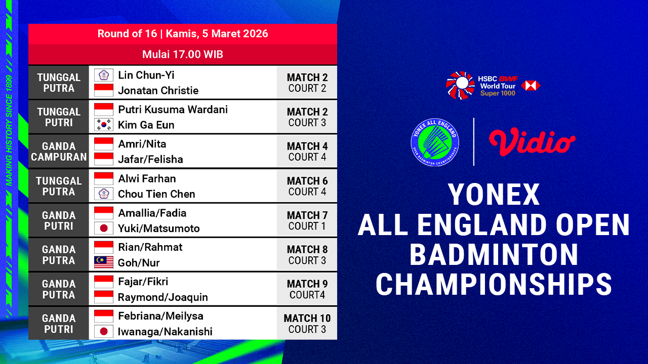 Tempat Menonton All England Open 2026 Round of 16, 5 Maret 2026 - Vidio ...