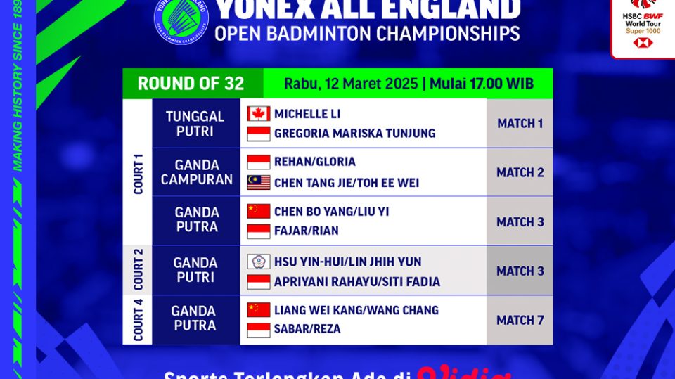 Jadwal Live Streaming BWF All England Open 2025, Pertandingan Indonesia Hari Ini - Vidio Blog