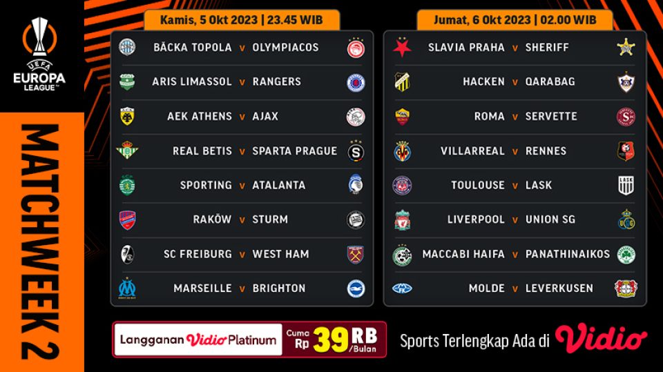 Jadwal dan Link Streaming UEFA Europa League Pekan 2 - Vidio Blog