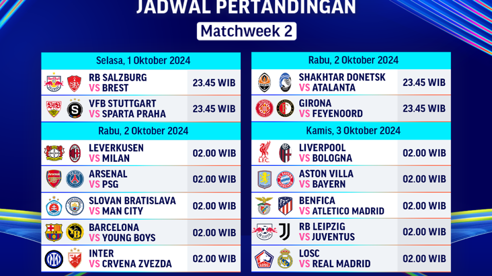 Link dan Jadwal Siaran Langsung Matchweek 2 Liga Champions di Vidio