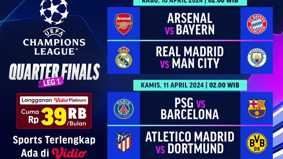 Jadwal Link Streaming UCL 2023/24 Perempat Final Leg 1 - Vidio Blog