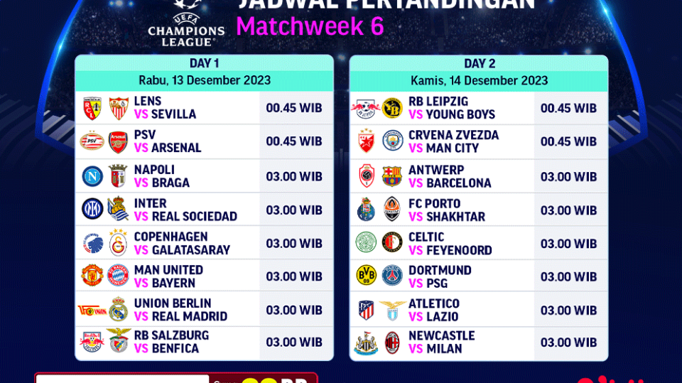 Jadwal Link Streaming UCL Musim 2023/2024 Pekan-6 - Vidio Blog